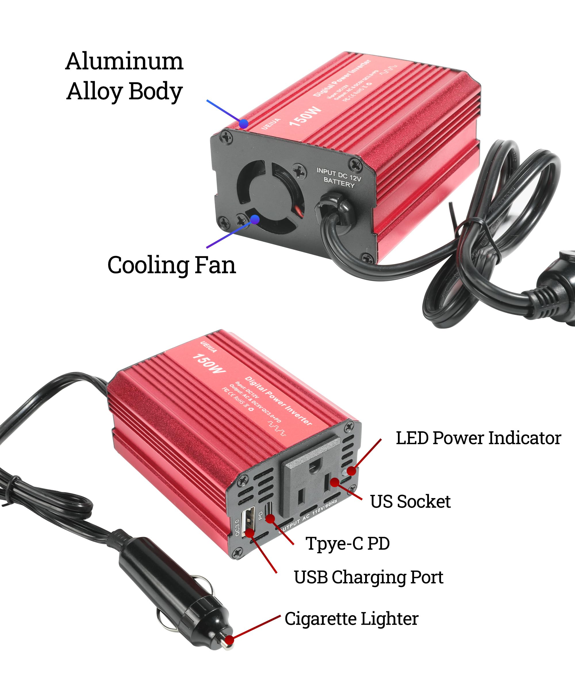 Zlirfy Car Inverter,Power Inverter,150W Car Power Inverter,Car to Outlet Adapter with USB+Type-C PD Dual Interface,Car Accessories Car Power Adapter,Car Plug Outlet Adapter