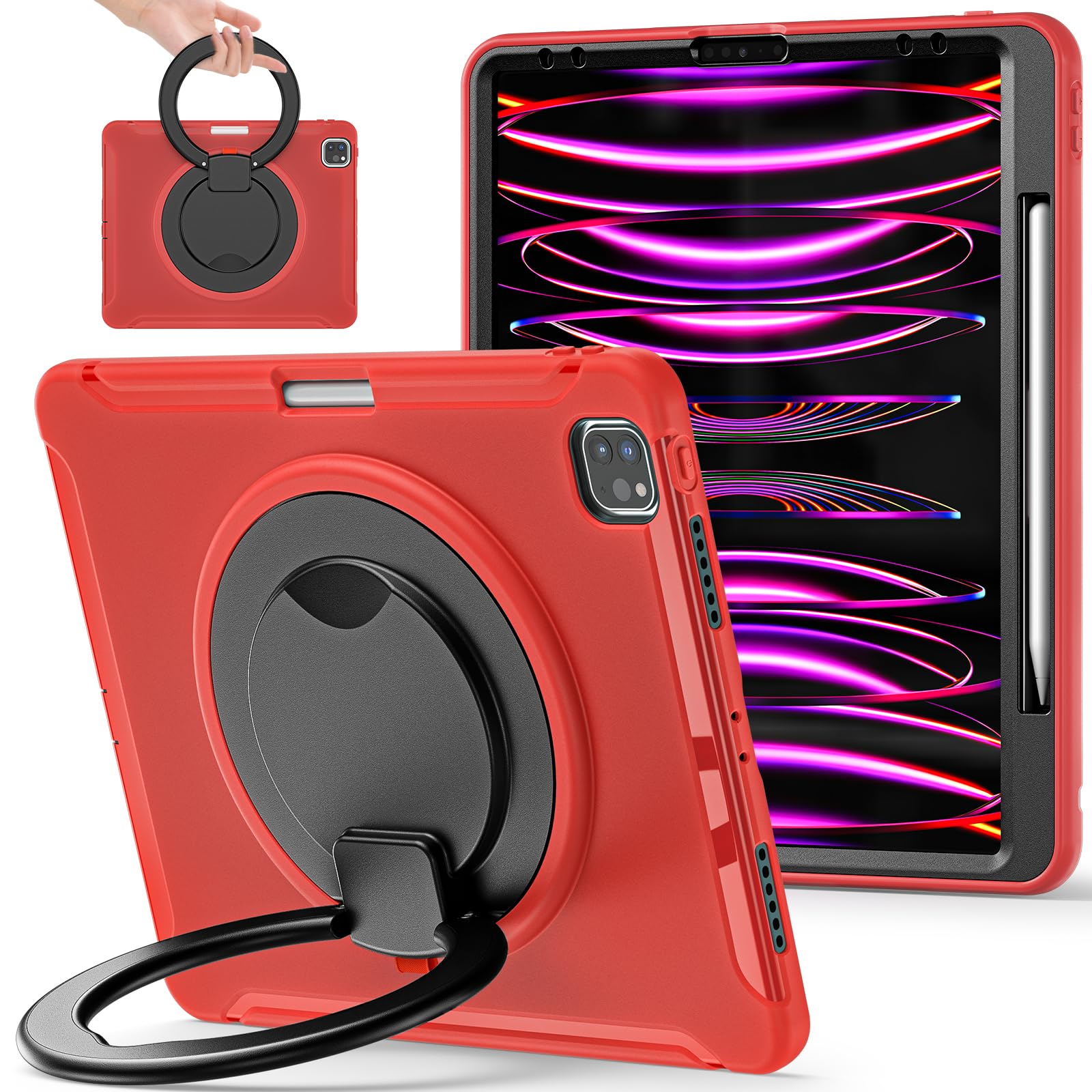 BATYUE iPad Pro 12.9 Case - Rugged Protective Case for iPad Pro 12.9-inch 6th/ 5th/ 4th/ 3rd Generation 2022/2021/ 2020/2018, iPad Pro 12.9 Cover with Pencil Holder/ 360° Swivel Stand - Red