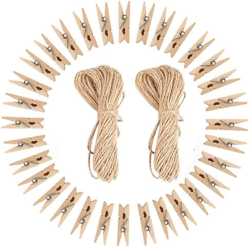 Mini Clothespins,200 Pcs Natural Wooden Photo Clips and 20 Meters Jute Twines for Photo Wall Decoration Craft Pins Pegs Scrapbooking Postcard Art Work Display