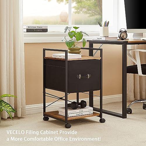 VECELO Mobile File Cabinet, Rolling Printer Shelf with Handle, Fabric Vertical Filing Cabinet fits Letter Size, Sturdy Steel Frame for Home Office, Brown