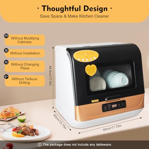 WenDissy Mini Portable Countertop Dishwasher, Compact Dishwasher with 3 Washing Programs, 360° Rotating, Dishwasher Automatic Dish Washing Machine For Dorm, RV, Apartment (Gold)