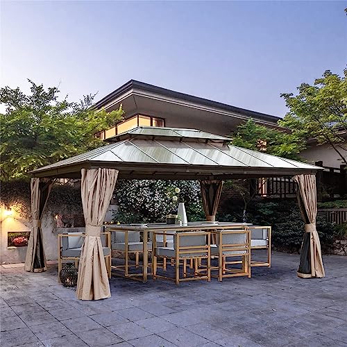 UBGO 12x16ft Outdoor Gazebo,Permanent Hardtop Gazebo with Curtain and Net,Aluminum Gazebo Pavilion with Polycarbonate Double Roof,for Garden, Patio, Lawns, Deck, Backyard, Wood Looking-Brown