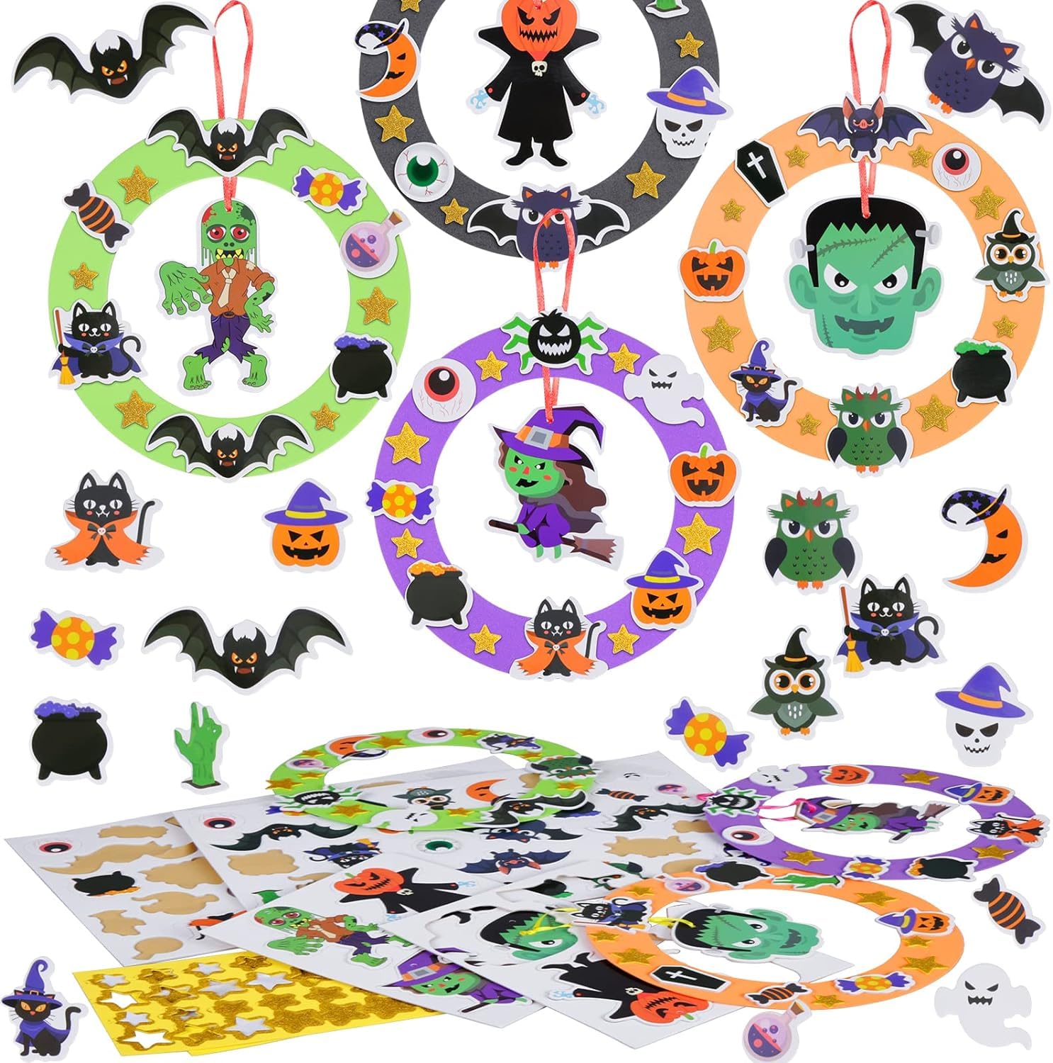 Fennoral 8 Pack Halloween Wreath Craft Kit for Kids Make You Own Halloween Wreath Foam Sticker DIY Halloween Arts and Crafts for Girls Boys Party Activities Art Ornament Halloween Decoration Supplies