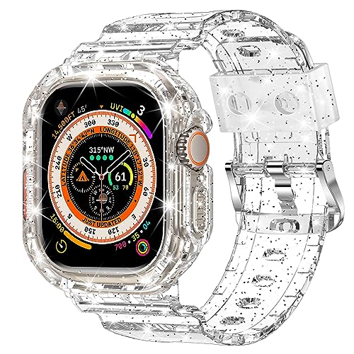 XYF Compatible for Crystal Clear Apple Watch Ultra 2 Bands, 49mm Bumper Case Men Women Jelly Cover Strap for iWatch Ultra 2/1 Series 9 8 7 SE 6 5 4 3 2 1 (Glitter Clear, 49)