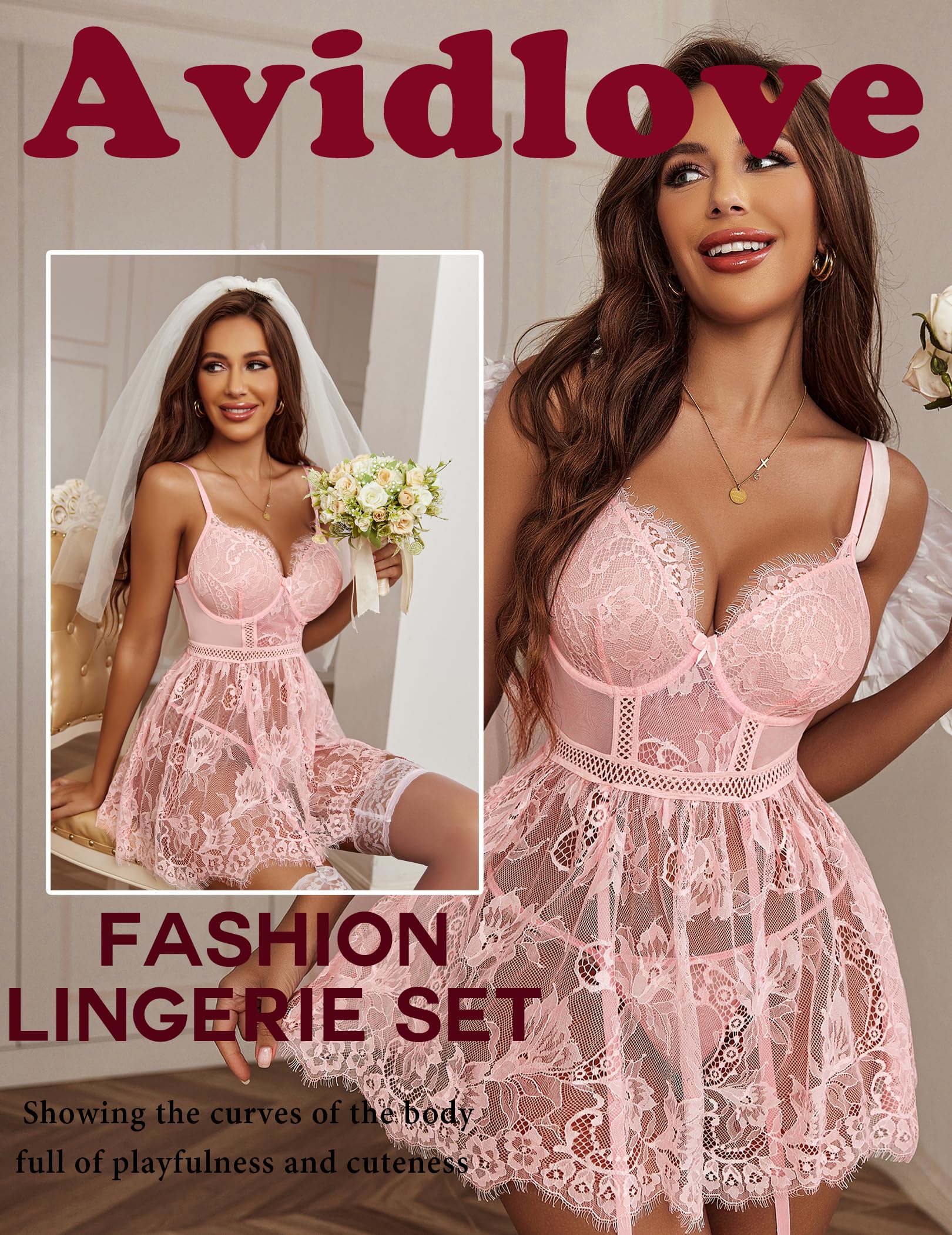 Avidlove Lace Babydoll V Neck Chemise Halter Teddy Strap Sleepwear (Pink, Small)