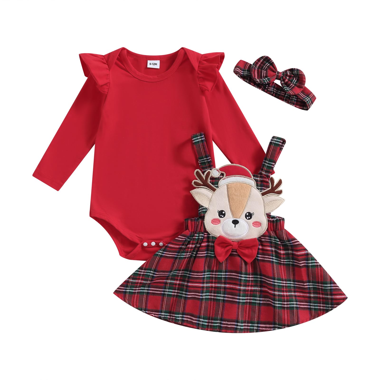 YINGISFITM My First Christmas Baby Girl Outfit Ruffle Long Sleeve Onesie Elk Embroidery Plaid Skirt Set Fall Winter Clothes (First Christmas Red, 6-9 Months)