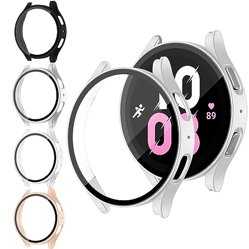 Hard PC Case for Samsung Galaxy Watch 5 Screen Protector 40mm 44mm,with Tempered Glass Built in Cover for Samsung Galaxy Watch 4 40 mm 44 mm Protective Case Face Cover Bumper Accessories [4 Pack]