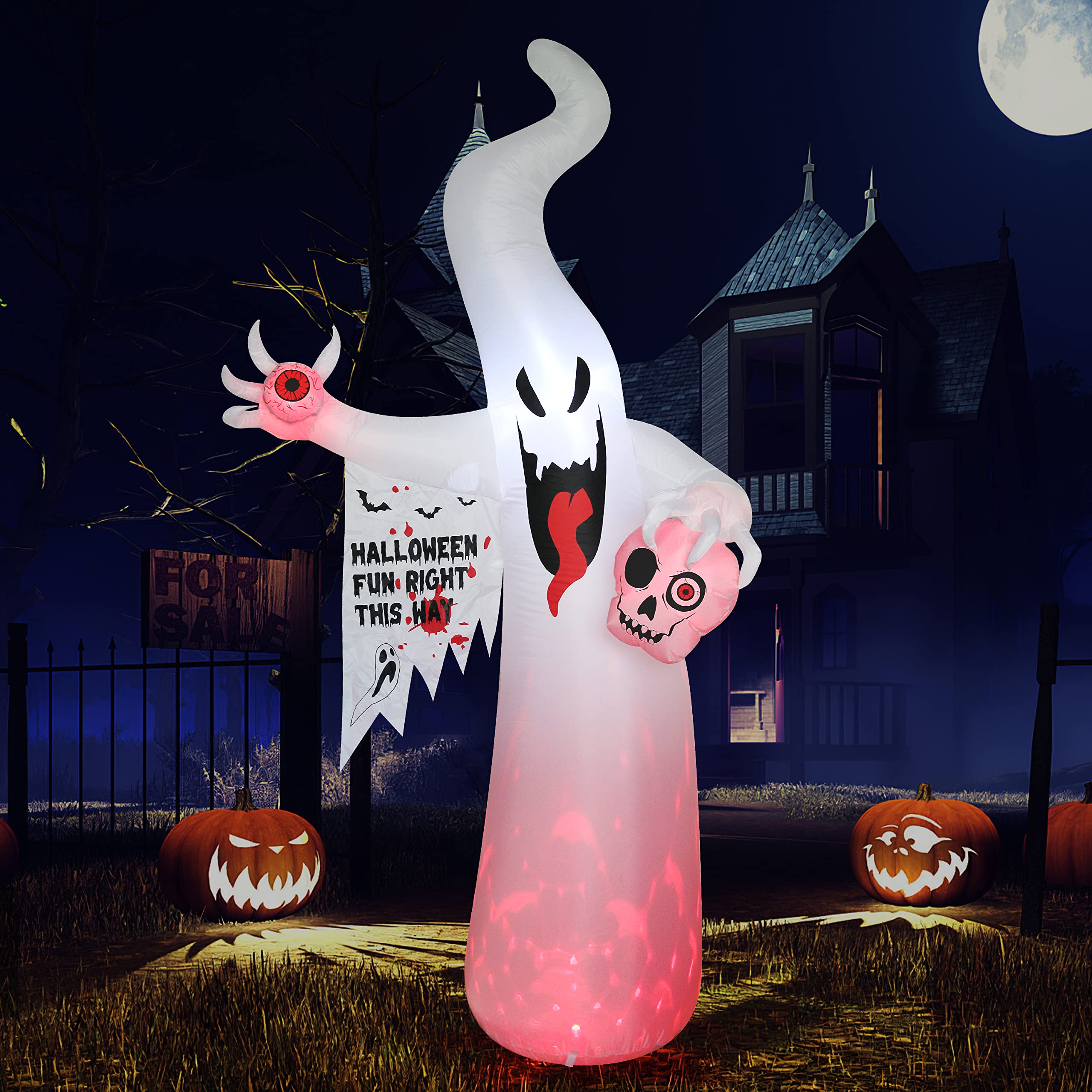 Halloween Inflatable Decorations Outdoor, Halloween Blow Up Inflatable for Halloween Yard, Garden, Lawn Decorations, Towering Spooky Ghost with Heart in Hand, Build-in LEDs