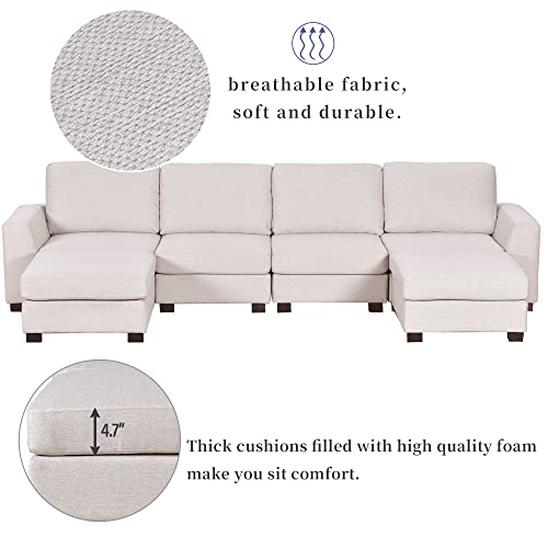 Eafurn Convertible Modular Sectional Double Extra Wide Chaise, 130.7" U Shaped Corner Movable Ottoman,6 Seater Oversized Upholstery Sofa & Couches Living Room Furniture, Beige