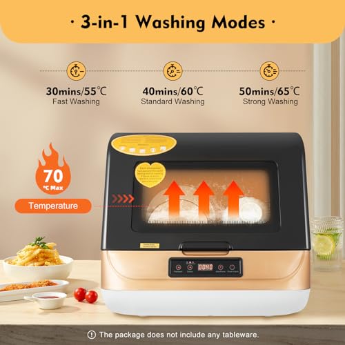 WenDissy Mini Portable Countertop Dishwasher, Compact Dishwasher with 3 Washing Programs, 360° Rotating, Dishwasher Automatic Dish Washing Machine For Dorm, RV, Apartment (Gold)