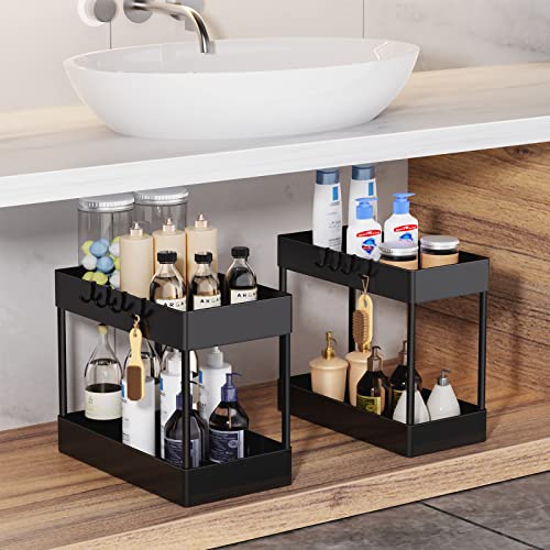 Wekin Under Sink Organizers & Storage 2 PCS, 2 Tier Under Cabinet Basket Organizer for Kitchen Bathroom, 2 Size Multi-Usage Storage Shelf with Hooks, Under the Sink Standing Stackable Rack for Bath