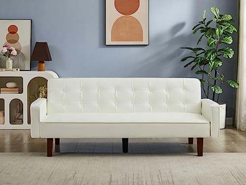 Lunanniu Vegan Leather Sofa Bed Sleeper Couch 74.4 Inch Convertible Loveseat Size for Small Space 3 Seater Chesterfield Button Tufted for Office Apartment Dorm Living Room White