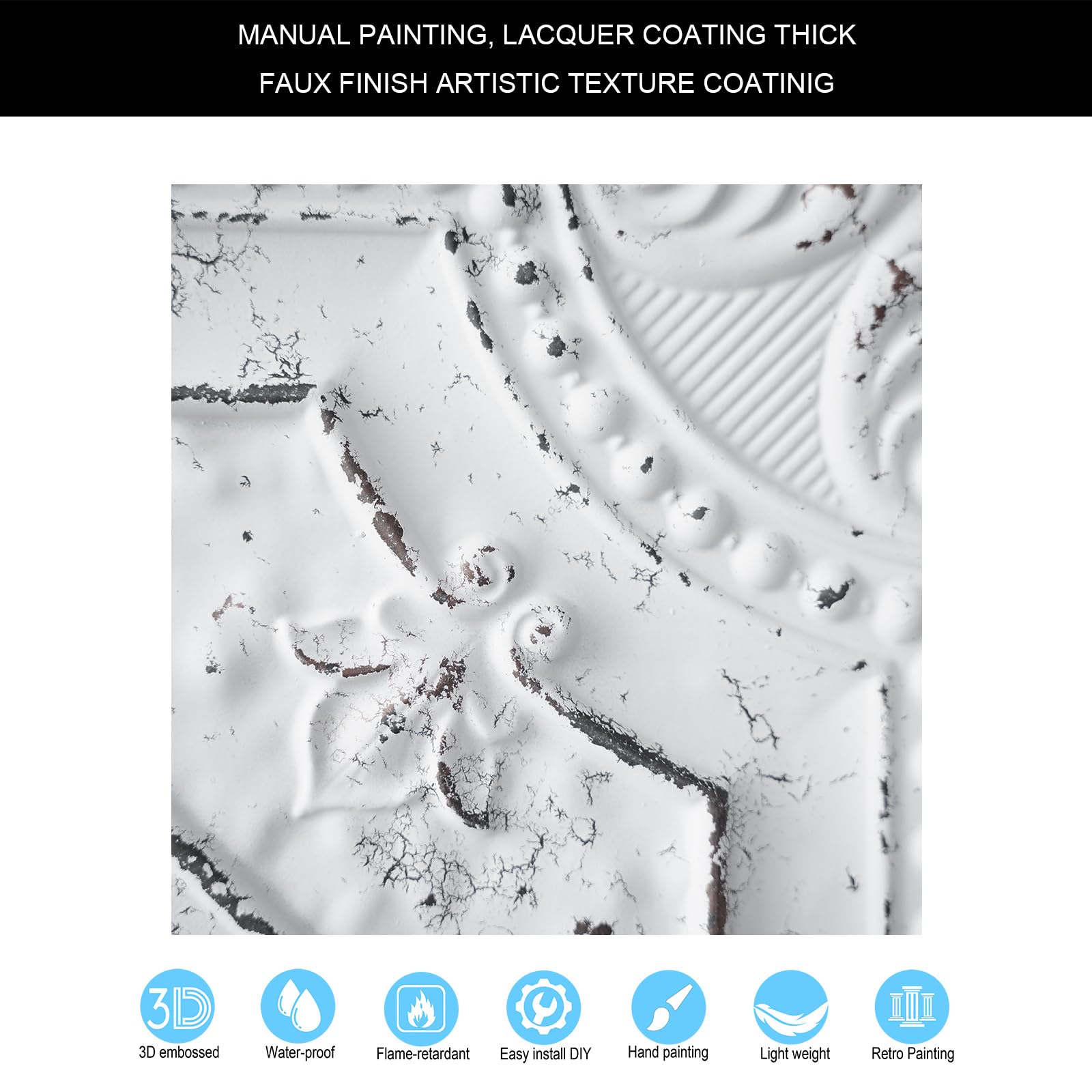 PAINTSDECOR Faux Tin Painting Panel Embellished Ceiling Tiles for Cafe Club Salon Hotel Store Bar 2'x2' PL04 Distress Crack White Black