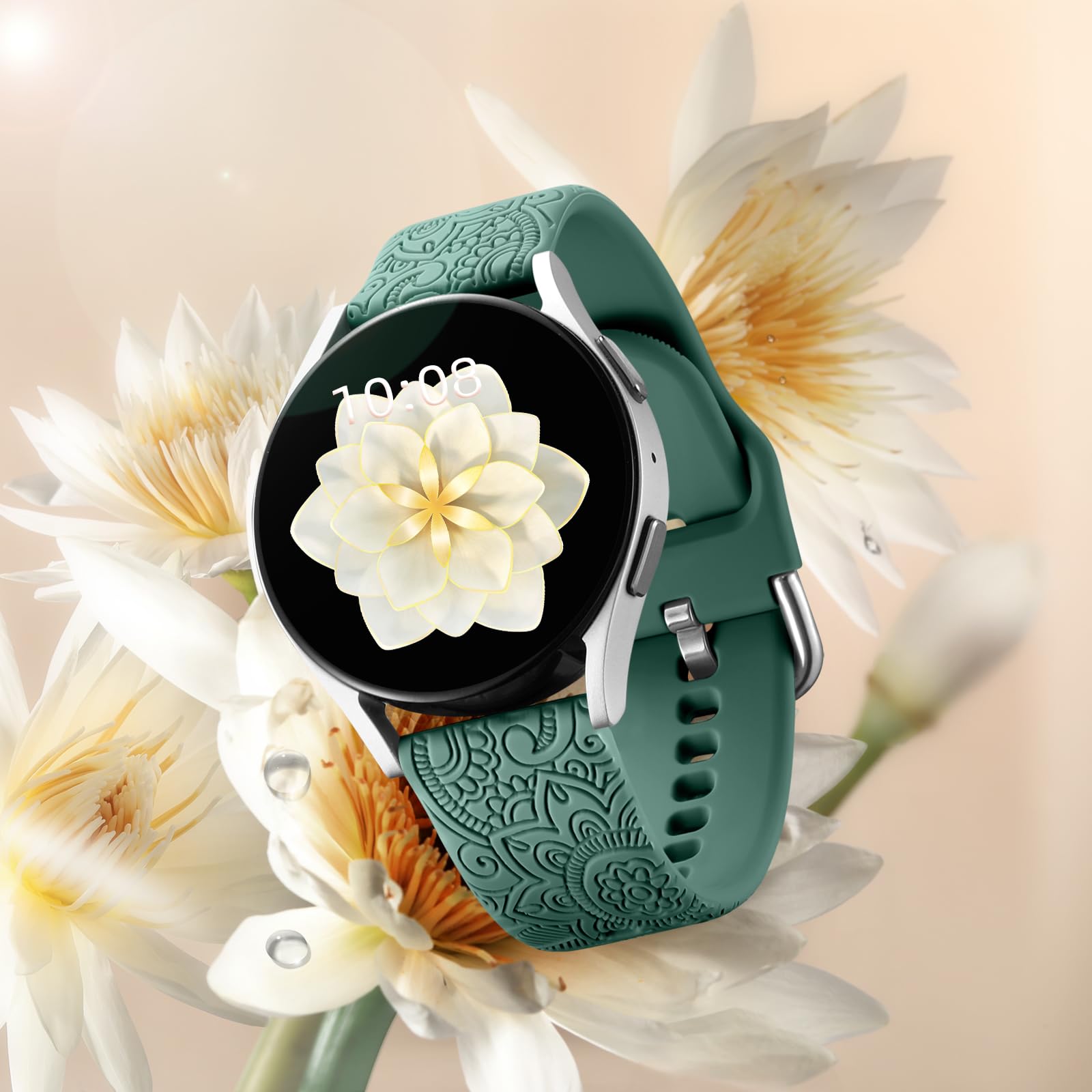 Odbeai Compatible with Galaxy Watch 4 Band, Floral Engraved Bands Compatible with Samsung Watch 6 Bands, Soft Silicone Breathable Waterproof Cute Strap for Galaxy Watch 7/5/5 Pro/4 6 Classic/Active 2