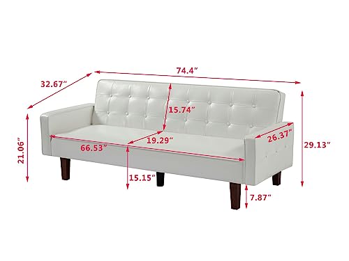 Lunanniu Vegan Leather Sofa Bed Sleeper Couch 74.4 Inch Convertible Loveseat Size for Small Space 3 Seater Chesterfield Button Tufted for Office Apartment Dorm Living Room White