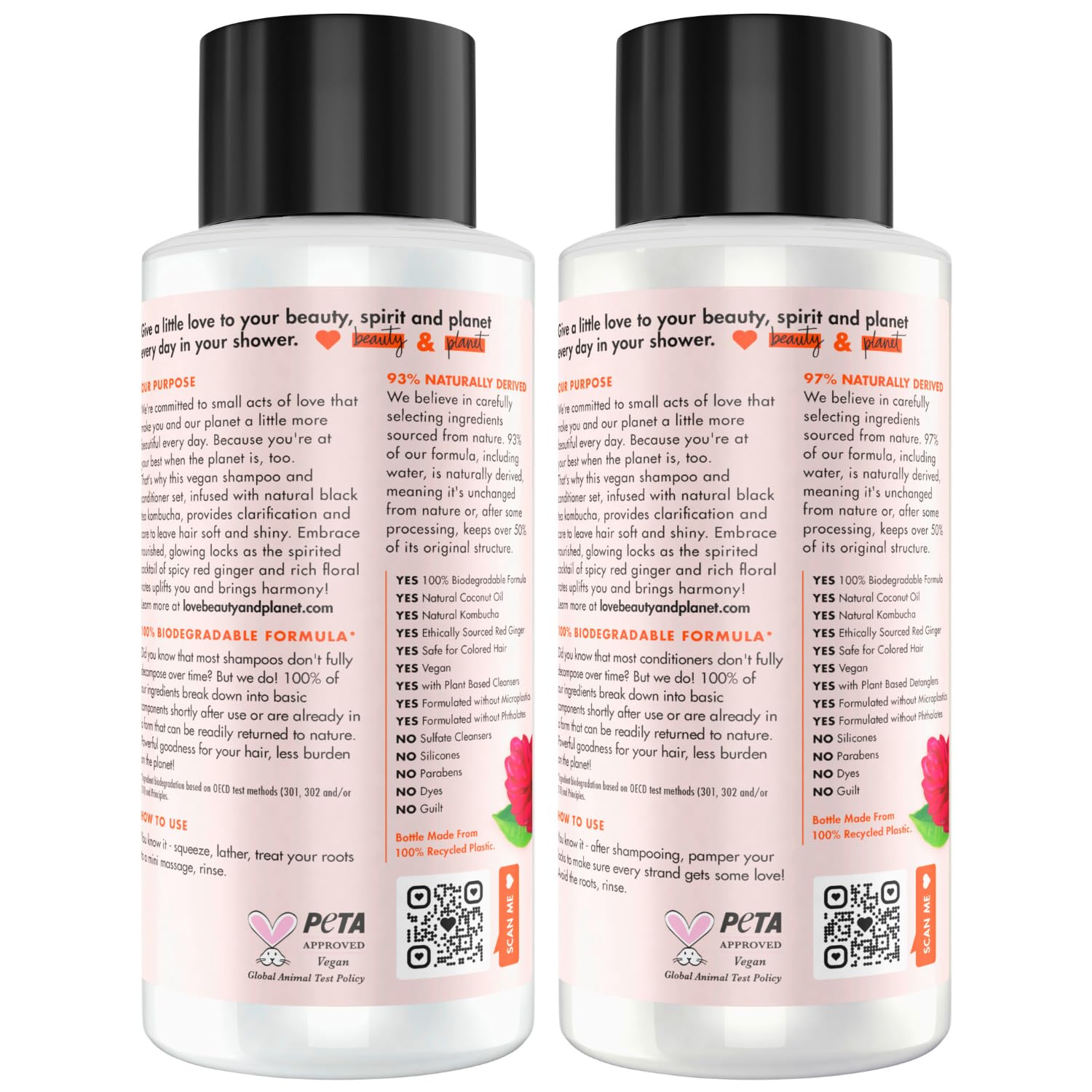 Love Beauty And Planet Shampoo and Conditioner, Black Tea Kombucha & Red Ginger - Sulfate-Free Shampoo & Conditioner, Clarifying, Hydrating, Shiny Hair Products, Scented, 13.5 Oz
