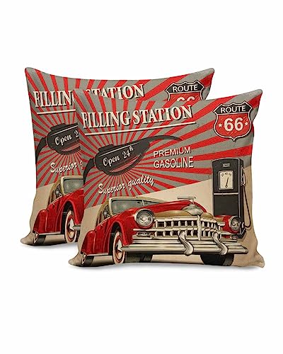Set of 2 Throw Pillow Covers Square Pillow Case Retro Filling Station Car Posters Cotton Linen Cushion Case Pillowcase for Sofa Couch Bed, Living Room Bedroom Decorative, 18 x 18 Inches