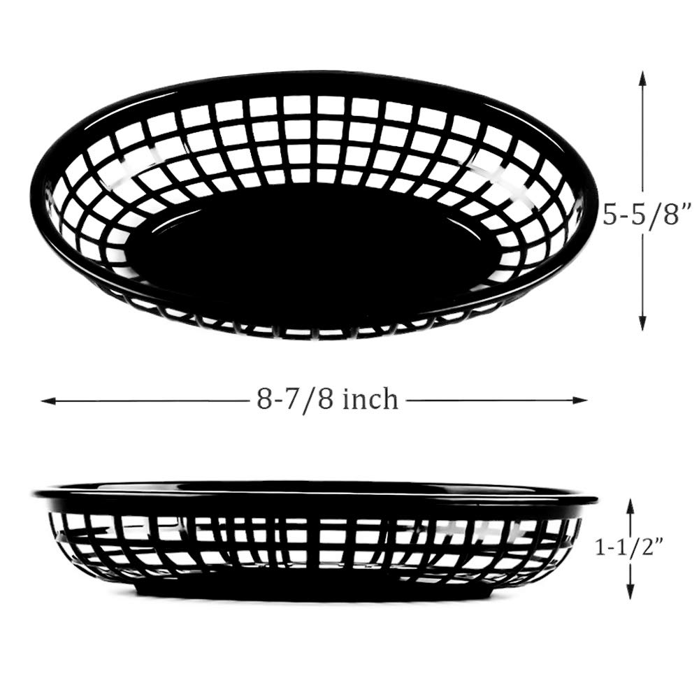Kingrol 30 Black Oval Fast Food Baskets w/ 250 Black Checkered Deli Liners, 8.9 x 5.6 x 1.5 Inch Plastic Platter, Storage Basket Bin for Home, Office, School, Picnic