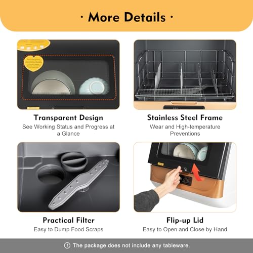 WenDissy Mini Portable Countertop Dishwasher, Compact Dishwasher with 3 Washing Programs, 360° Rotating, Dishwasher Automatic Dish Washing Machine For Dorm, RV, Apartment (Gold)