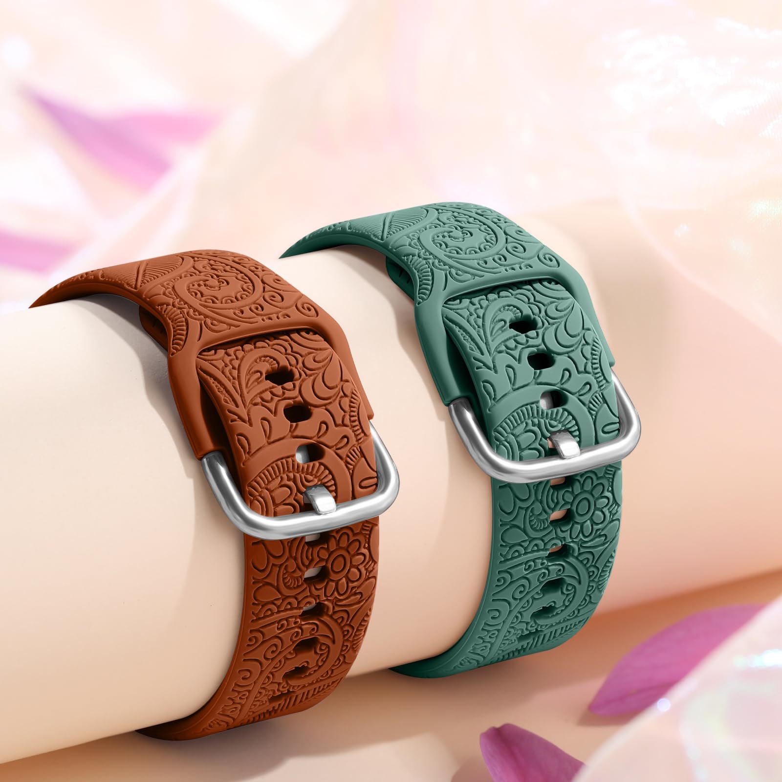 Odbeai Compatible with Galaxy Watch 4 Band, Floral Engraved Bands Compatible with Samsung Watch 6 Bands, Soft Silicone Breathable Waterproof Cute Strap for Galaxy Watch 7/5/5 Pro/4 6 Classic/Active 2