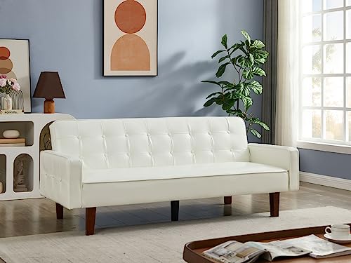 Lunanniu Vegan Leather Sofa Bed Sleeper Couch 74.4 Inch Convertible Loveseat Size for Small Space 3 Seater Chesterfield Button Tufted for Office Apartment Dorm Living Room White