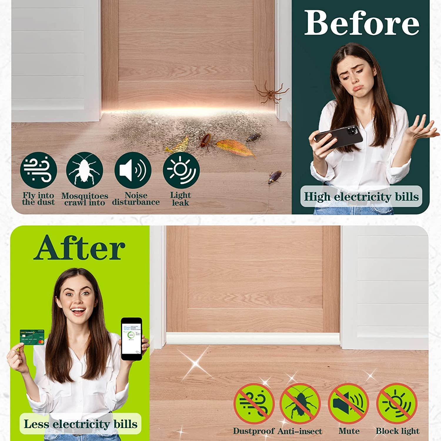 Door Draft Stopper, 36.7" Adjustable PVC Under Door Draft Stopper Door Seal Weather Stripping — Energy Saving Door Draft Blocker Door Sweep for Reduce Noise, Cold Air, Dust, Smoke, Wind | White