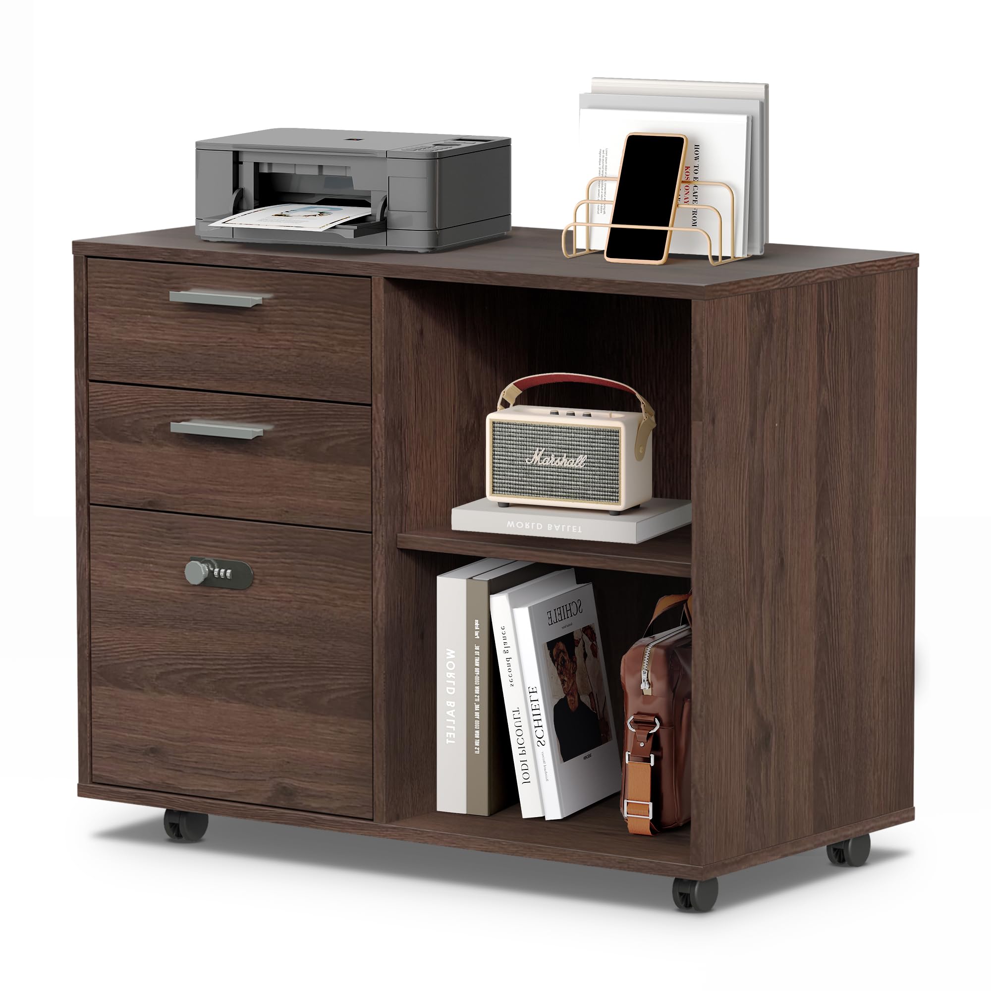 Warmiehomy Mobile Lateral File Cabinet with Smart Lock 3 Drawer Lateral File Cabinet with Open Storage Shelf Rolling Wood Office Filing Cabinet fits A4/Letter/Legal Size (Rustic Brown)