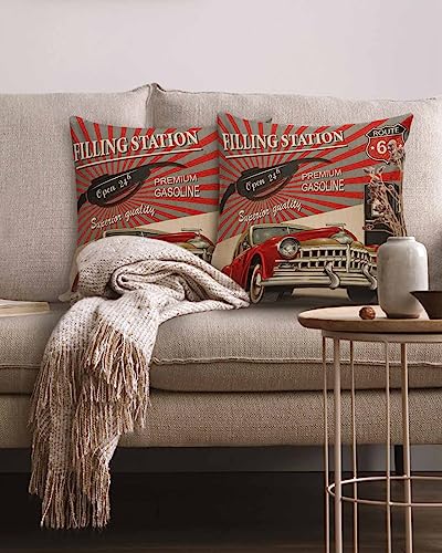 Set of 2 Throw Pillow Covers Square Pillow Case Retro Filling Station Car Posters Cotton Linen Cushion Case Pillowcase for Sofa Couch Bed, Living Room Bedroom Decorative, 20 x 20 Inches