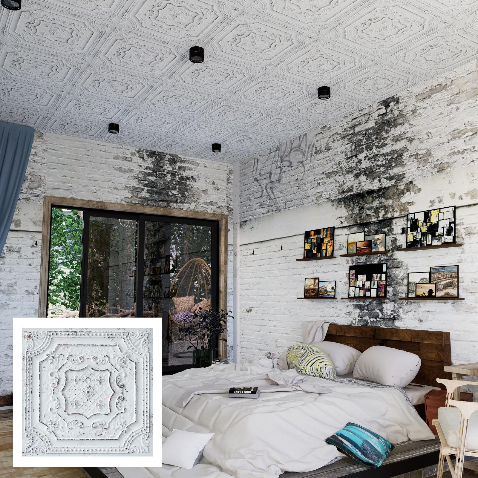 PAINTSDECOR Faux Tin Painting Panel Embellished Ceiling Tiles for Cafe Club Salon Hotel Store Bar 2'x2' PL04 Distress Crack White Black