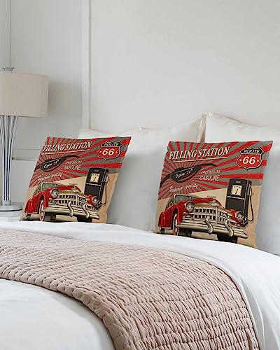 Set of 2 Throw Pillow Covers Square Pillow Case Retro Filling Station Car Posters Cotton Linen Cushion Case Pillowcase for Sofa Couch Bed, Living Room Bedroom Decorative, 20 x 20 Inches