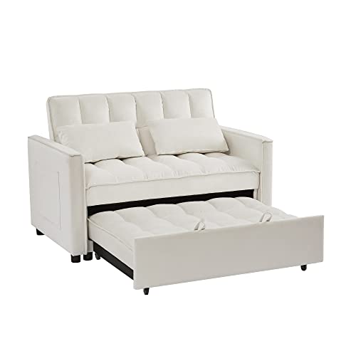 ERYE 53" W Futon Loveseat Sofa Convertible Sofabed, Functional Reclining Backrest Love Seat Sofa&Couch W/Pull Out Sleep Couch Bed for Living Room, White Velvet 2 Pillows