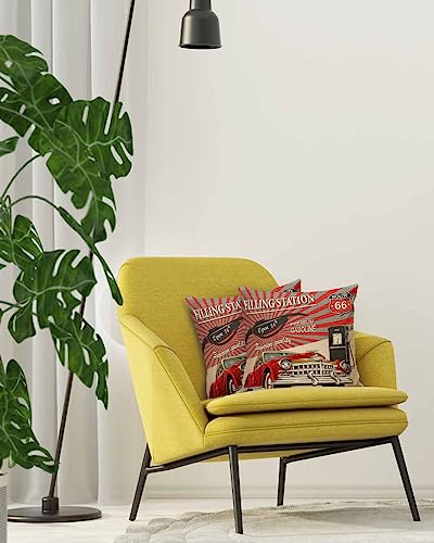 Set of 2 Throw Pillow Covers Square Pillow Case Retro Filling Station Car Posters Cotton Linen Cushion Case Pillowcase for Sofa Couch Bed, Living Room Bedroom Decorative, 20 x 20 Inches