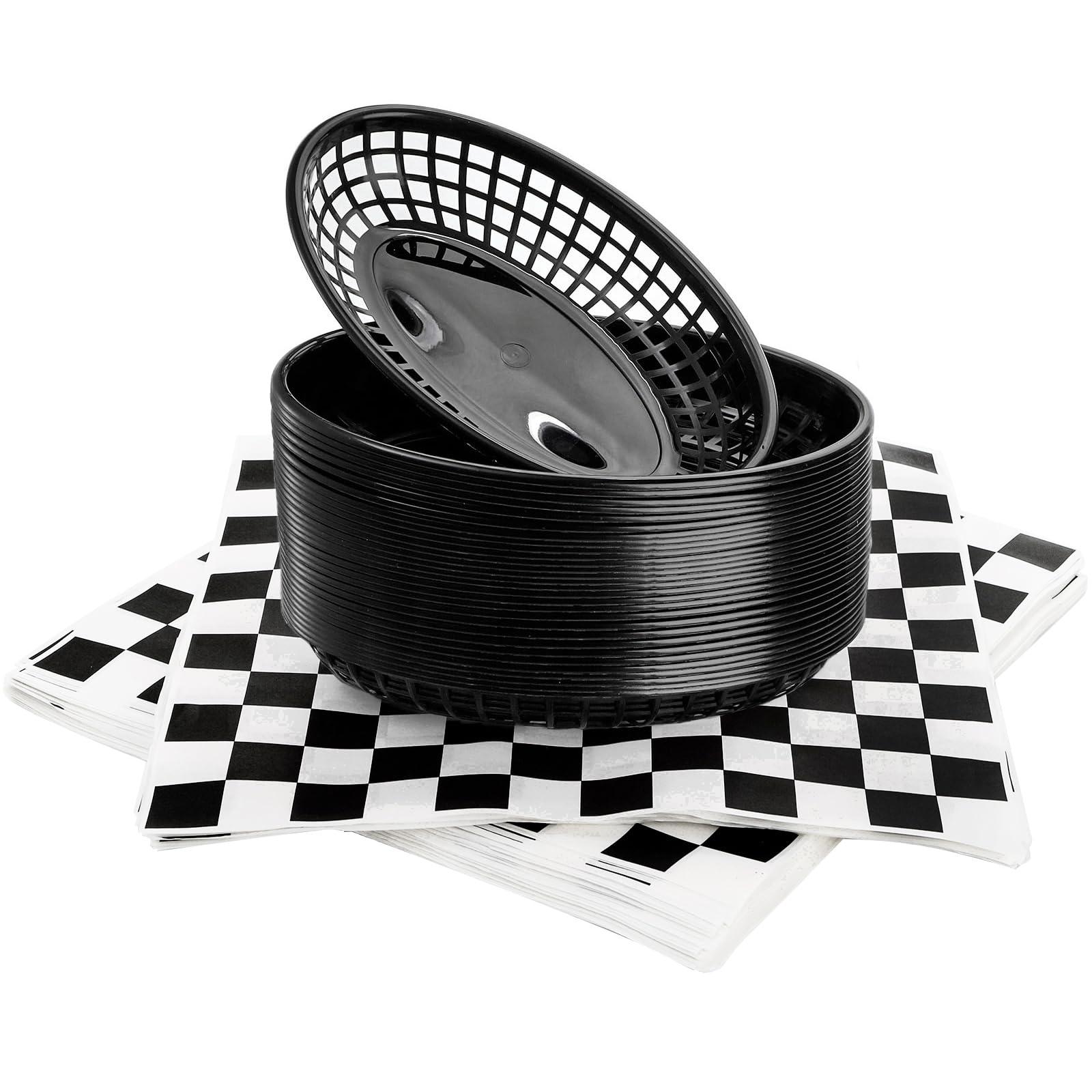 Kingrol 30 Black Oval Fast Food Baskets w/ 250 Black Checkered Deli Liners, 8.9 x 5.6 x 1.5 Inch Plastic Platter, Storage Basket Bin for Home, Office, School, Picnic