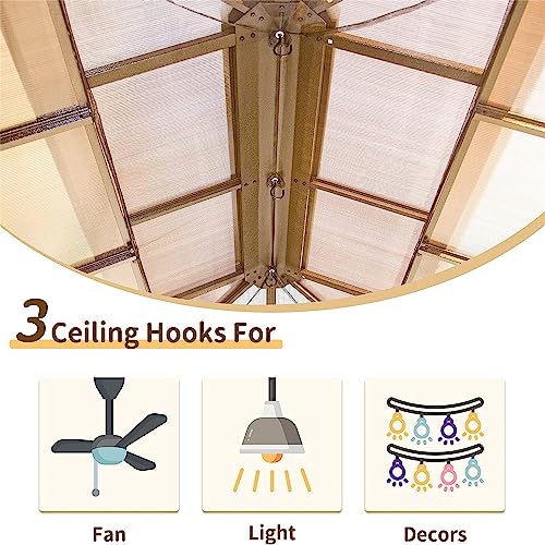 UBGO 12x16ft Outdoor Gazebo,Permanent Hardtop Gazebo with Curtain and Net,Aluminum Gazebo Pavilion with Polycarbonate Double Roof,for Garden, Patio, Lawns, Deck, Backyard, Wood Looking-Brown