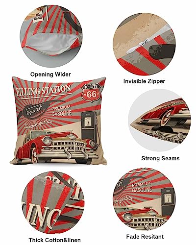 Set of 2 Throw Pillow Covers Square Pillow Case Retro Filling Station Car Posters Cotton Linen Cushion Case Pillowcase for Sofa Couch Bed, Living Room Bedroom Decorative, 16 x 16 Inches