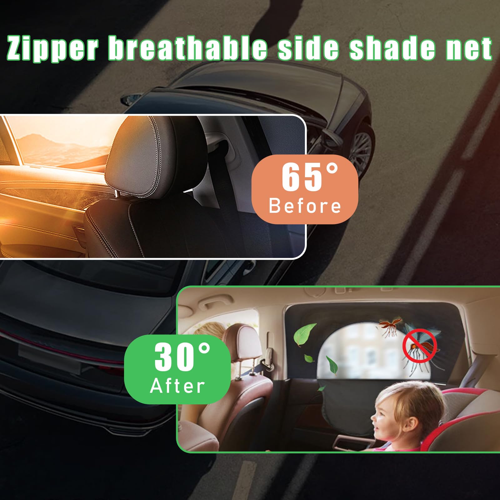 Kewucn 2PCS Car Window Shade, 23.6"×20" Zipper Breathable Mesh Side Window Sun Shades Covers, Glare and UV Rays Protection for Baby, Auto Camping Privacy Sun Protector Fits Most Cars (Rear Window)