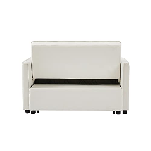 ERYE 53" W Futon Loveseat Sofa Convertible Sofabed, Functional Reclining Backrest Love Seat Sofa&Couch W/Pull Out Sleep Couch Bed for Living Room, White Velvet 2 Pillows
