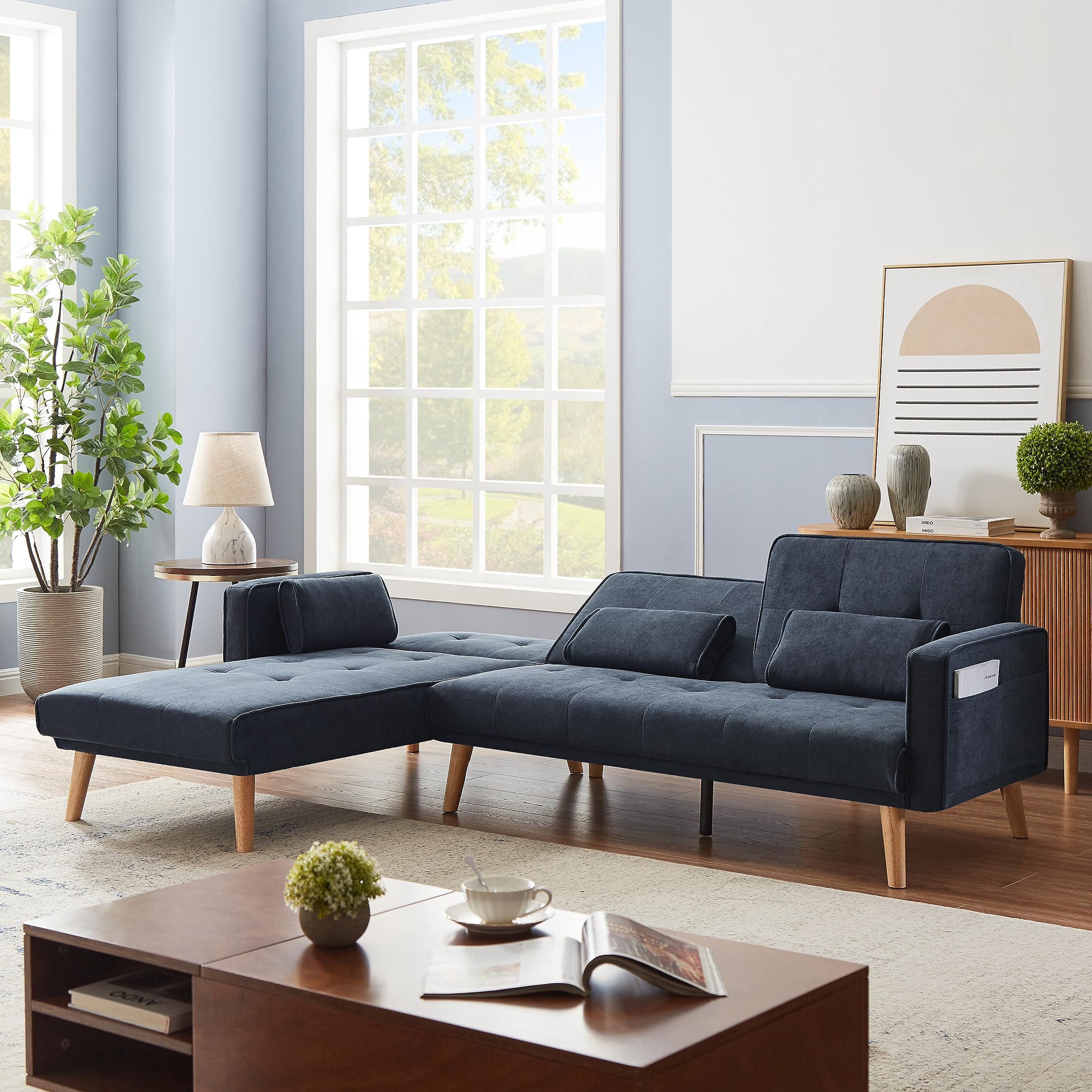 Eafurn L-Shaped Convertible Sectional Sofa with Chaise Lounge and Adjustable Spilt Backrest,3 Seater Soft Velvet Sleeper Couch Bed with Wooden Legs,Tufted Corner Sofa & Couch with Throw Pillows