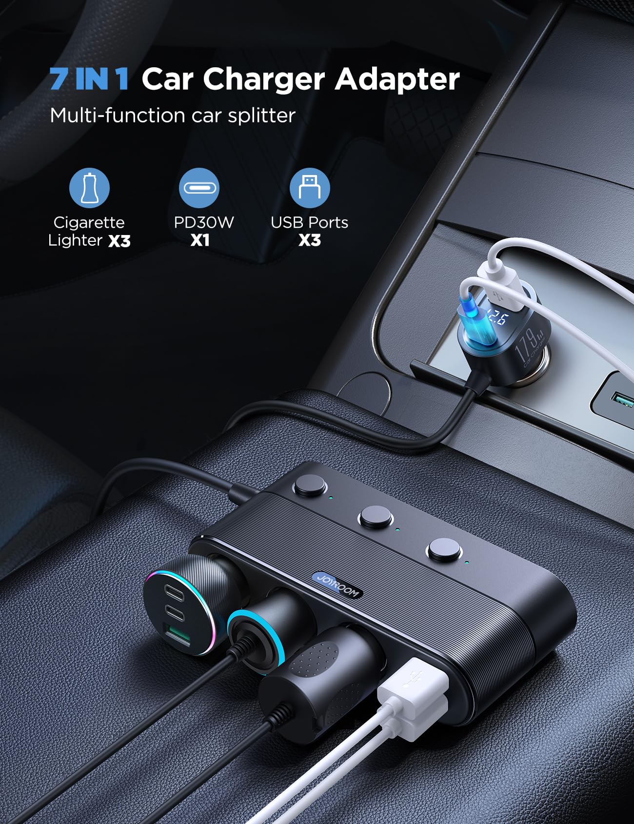 [2025 Upgraded] 7 in 1 Cigarette Lighter Adapter, JOYROOM 179W Car Charger Adapter with PD30W Charge(3.3FT Cable), 24V/ 12V Cigarette Lighter Splitter with Independent Switches & LED Voltage Display