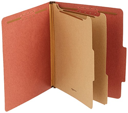 Amazon Basics Letter Size Pressboard Classification File Folder with Fasteners, 2 Dividers, 2-Inch Expansion, Red - Pack of 10