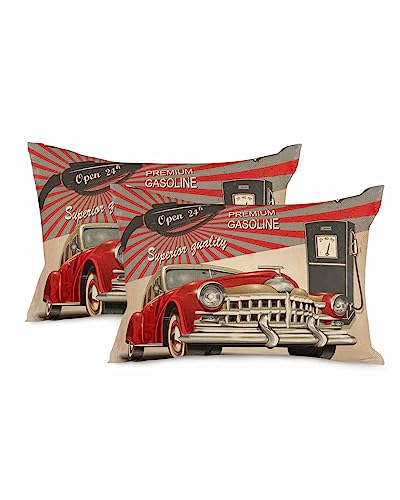 Set of 2 Throw Pillow Covers Lumbar Pillow Case Retro Filling Station Car Posters Cotton Linen Rectangular Cushion Case Pillowcase for Sofa Couch Bed, Living Room Bedroom Decorative, 12 x 20 Inches