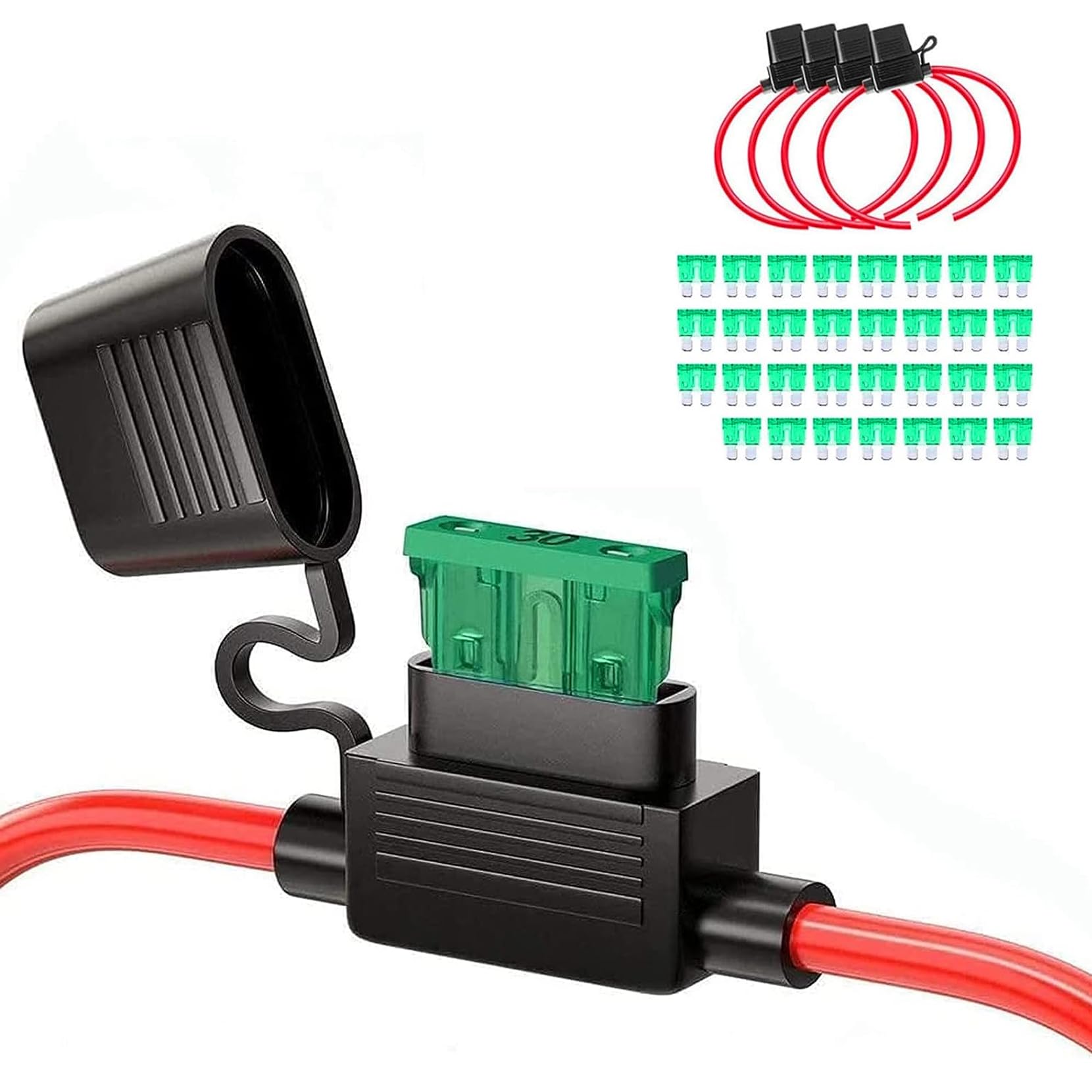 GKmow 5 PCS Plug-in Low-Voltage Fuse Holder, 30A Fuse, 12AWG Insulated Wire, Waterproof Appliances Protection Tool, Suitable for Cars, All-Terrain Vehicles, Motorcycles, Yachts, CD Players (Black)
