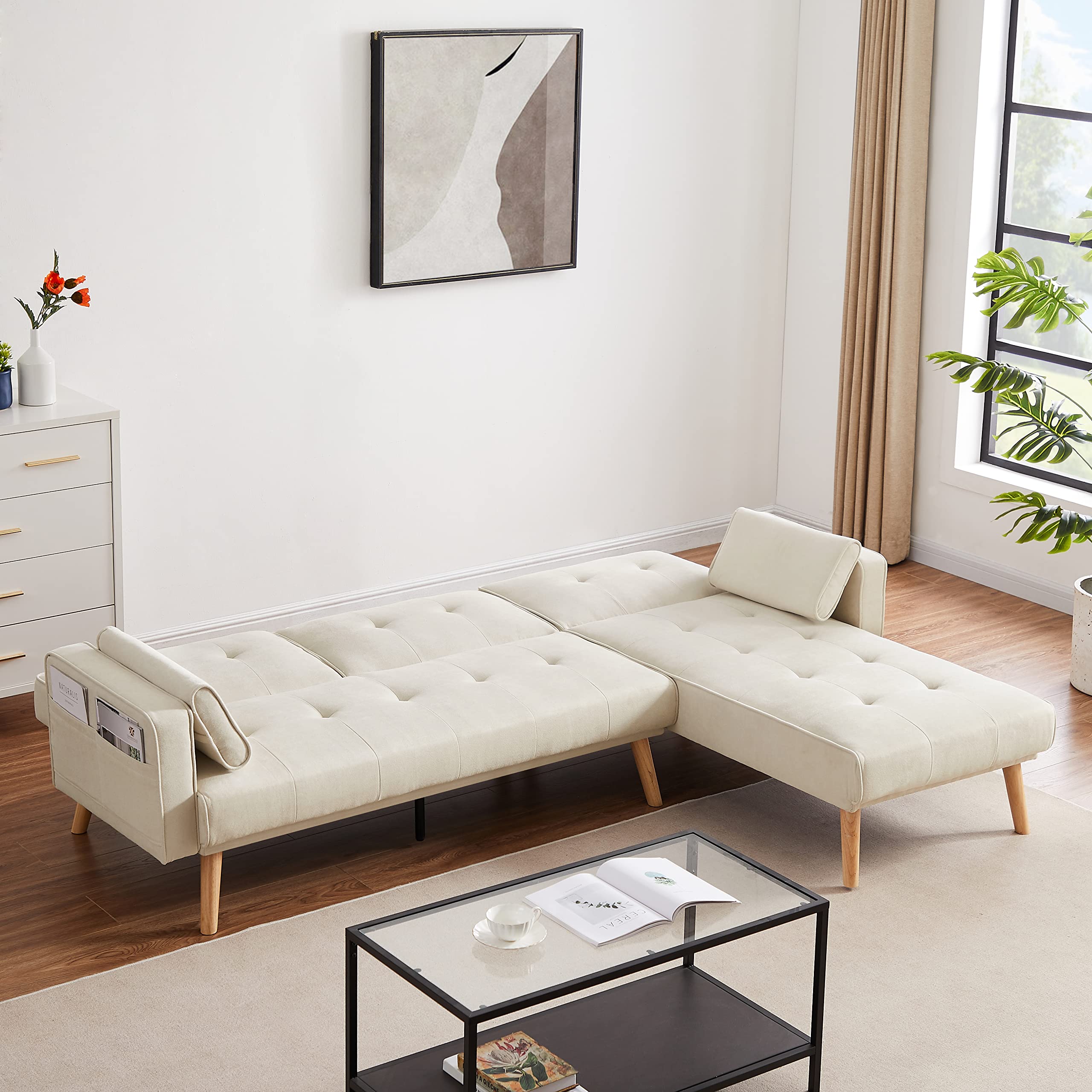 Eafurn L-Shaped Convertible Sectional Sofa with Chaise Lounge and Adjustable Spilt Backrest,3 Seater Soft Velvet Sleeper Couch Bed with Wooden Legs,Tufted Corner Sofa & Couch with Throw Pillows