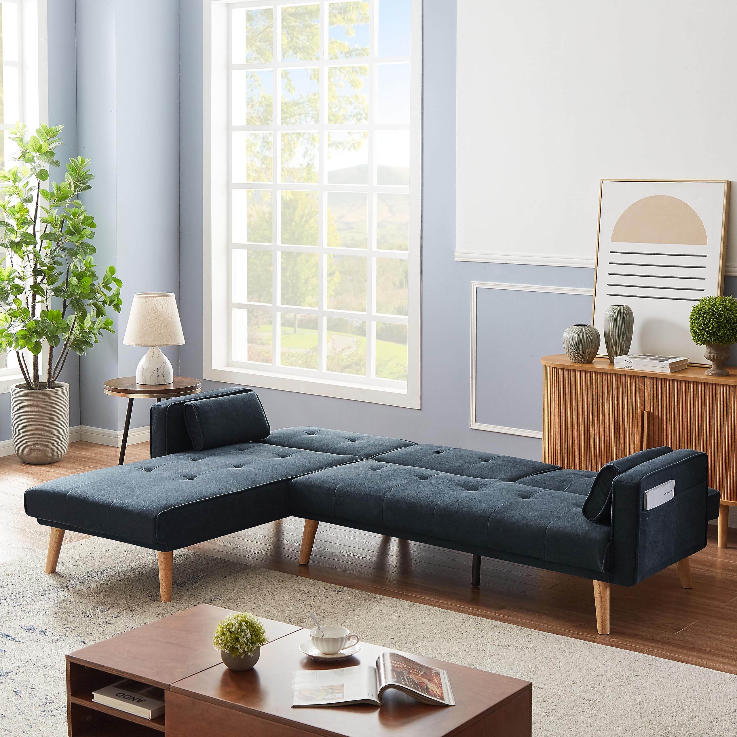 Eafurn L-Shaped Convertible Sectional Sofa with Chaise Lounge and Adjustable Spilt Backrest,3 Seater Soft Velvet Sleeper Couch Bed with Wooden Legs,Tufted Corner Sofa & Couch with Throw Pillows