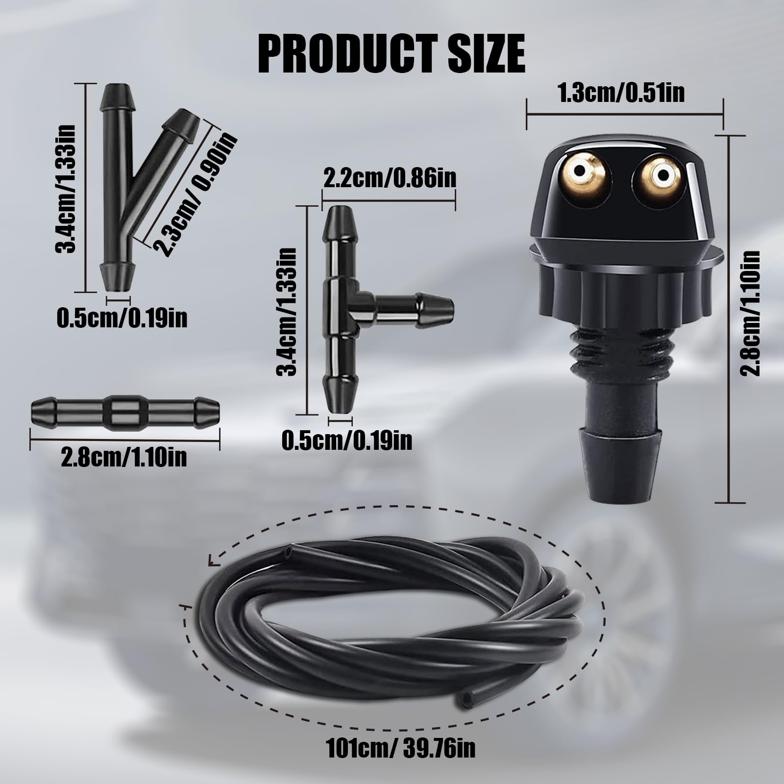 Sosolong 4pcs Front Windshield Washer Nozzles Including Adapters and Hoses, Front Windshield Washer Nozzle kit,Windshield Washer Nozzles Wiper Spray Fit for Most Cars