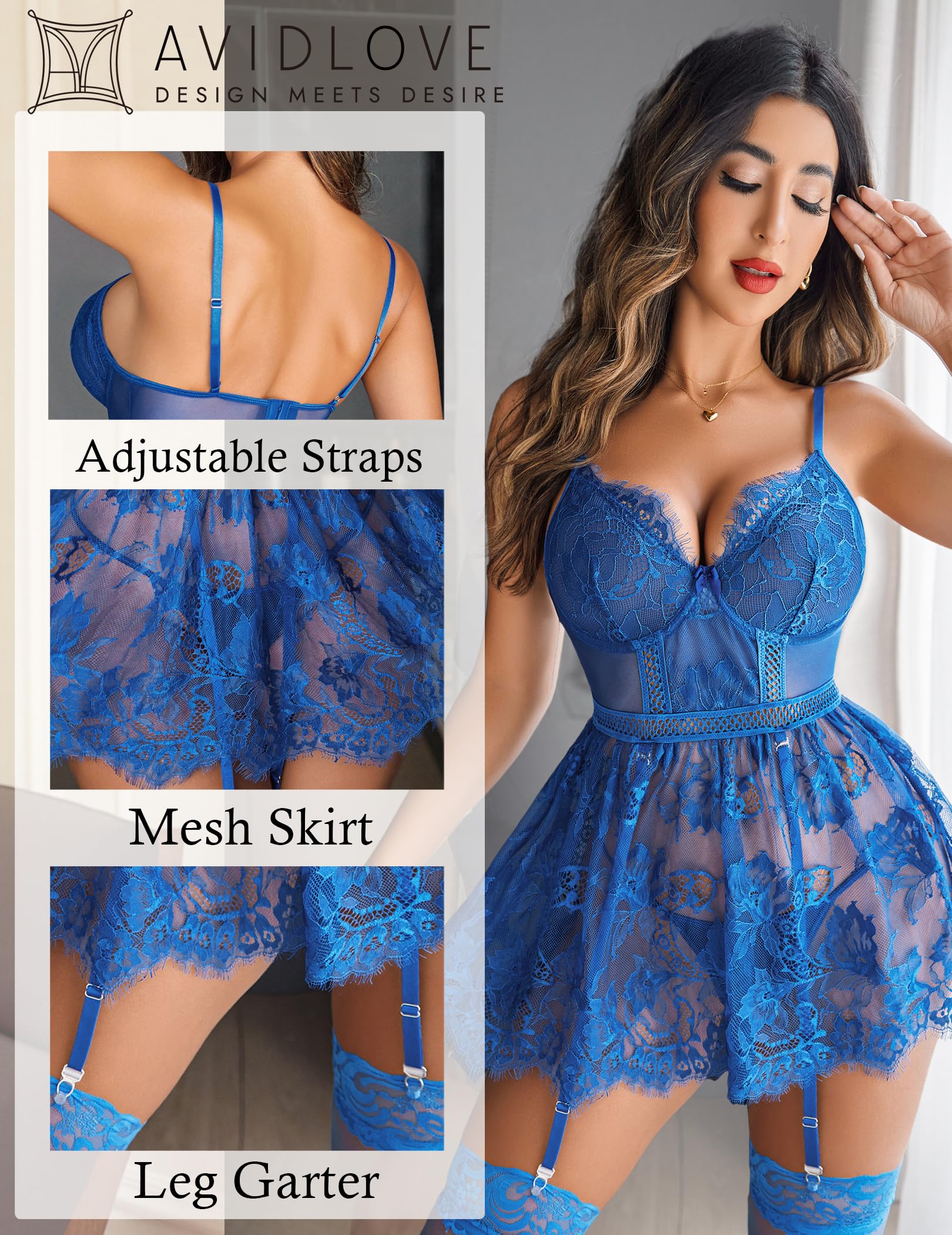 Avidlove Women's Lingerie Set Babydoll Lace Backless Chemises Slip Dress (Blue, Medium)