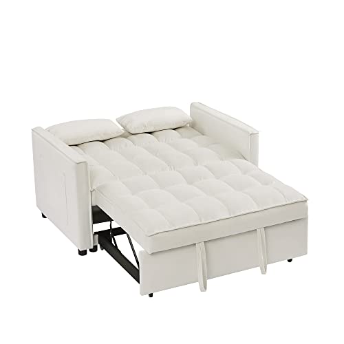 ERYE 53" W Futon Loveseat Sofa Convertible Sofabed, Functional Reclining Backrest Love Seat Sofa&Couch W/Pull Out Sleep Couch Bed for Living Room, White Velvet 2 Pillows