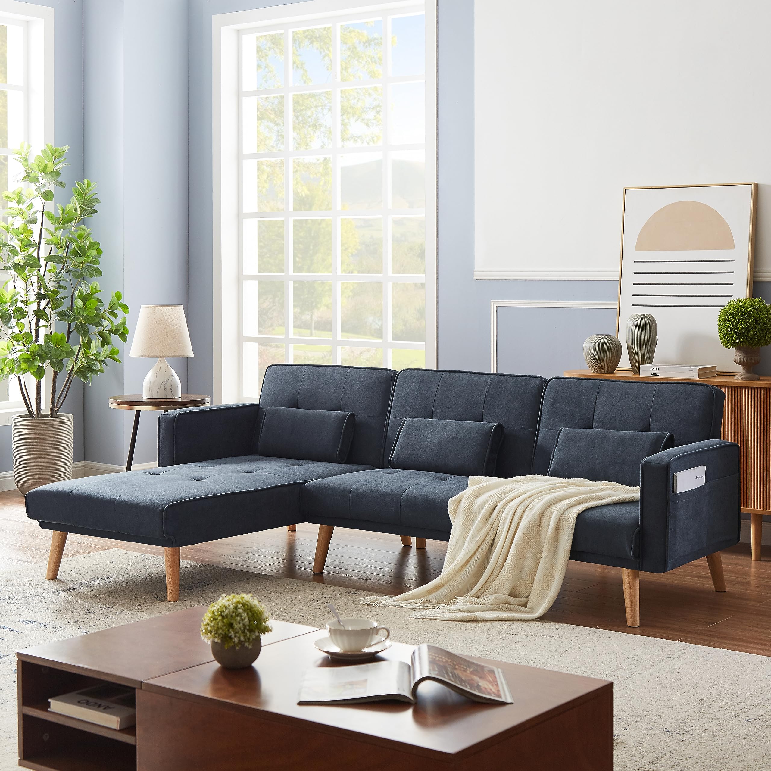 Eafurn L-Shaped Convertible Sectional Sofa with Chaise Lounge and Adjustable Spilt Backrest,3 Seater Soft Velvet Sleeper Couch Bed with Wooden Legs,Tufted Corner Sofa & Couch with Throw Pillows