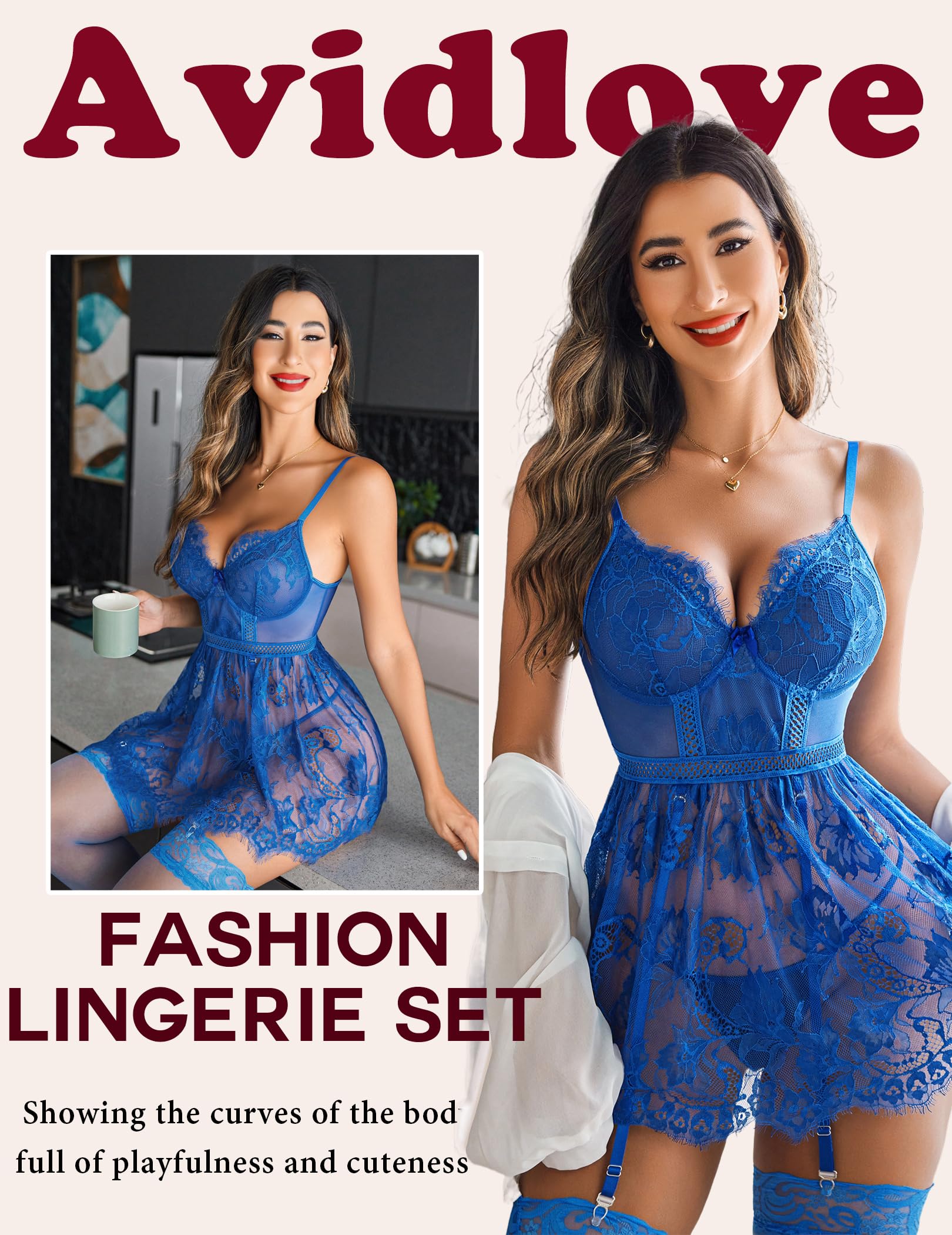 Avidlove Women's Lingerie Set Babydoll Lace Backless Chemises Slip Dress (Blue, Medium)