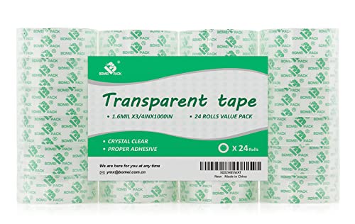 Crystal Clear Transparent Tape Refills Rolls for Dispenser, 24 Rolls Value Pack, 3/4 in x 1000 in,1 inch Core, Gift Wrapping Tape for Office, School and Home, BOMEI PACK